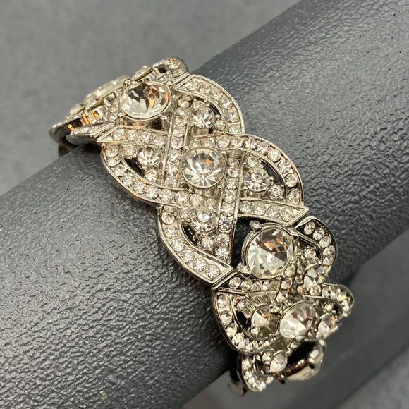 Jewelry | Rhinestone Statement Bracelet Stretch Silver Crisscross Bling ...